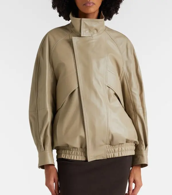 Nour Hammour Ariste Leather Bomber Jacket - Beige