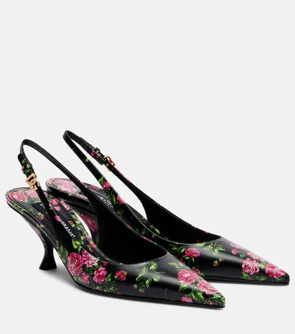 Dolce & Gabbana Lollo 60 Floral Leather Slingback Pumps - Black