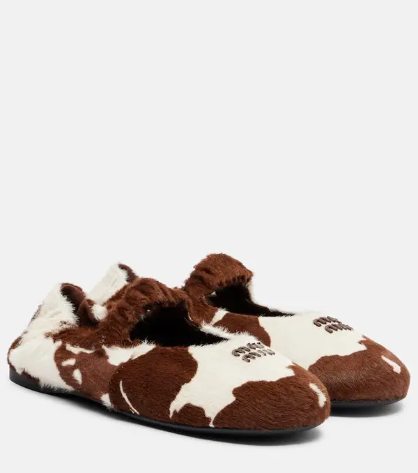 Miu Miu Cow-print Calf Hair Mary Jane Flats - White