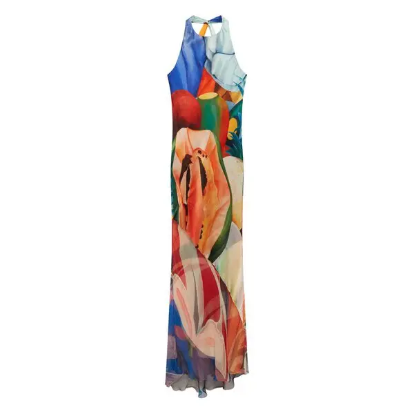 DONDE ESTEBAN Abstract Printed Silk Maxi Dress - Orange/green