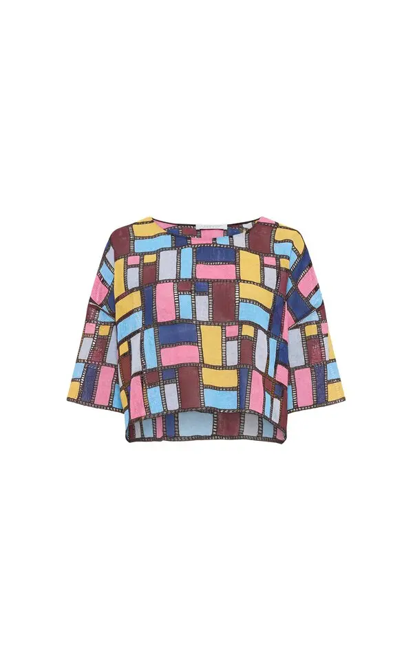 Gabriela Hearst Tatia Patchwork Embroidered Cropped Top