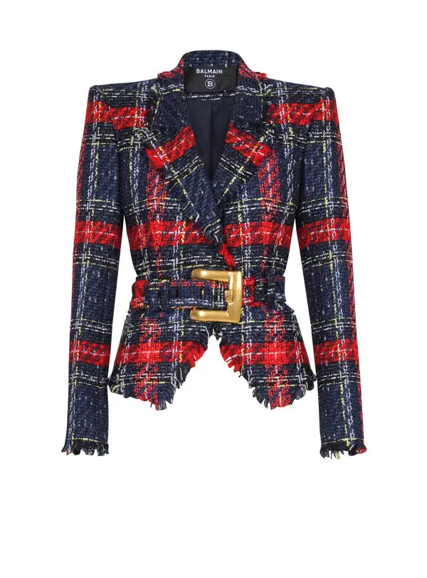 Balmain Belted Plaid Tweed Jacket - Red