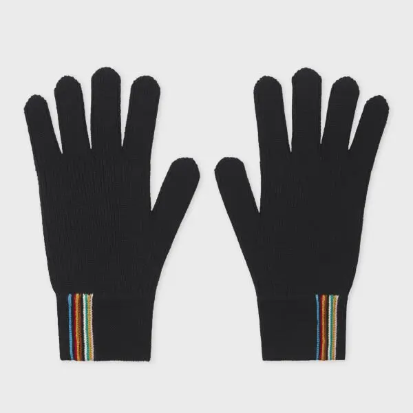 Paul Smith Merino Wool Gloves With Signature Stripe Trim - Black