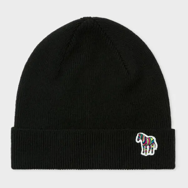 Paul Smith Zebra Logo Ribbed Beanie Hat - Black