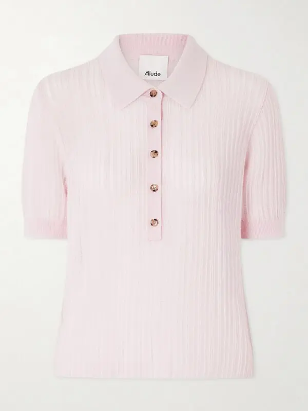 ALLUDE Ribbed-knit Cashmere Polo Shirt - Pink