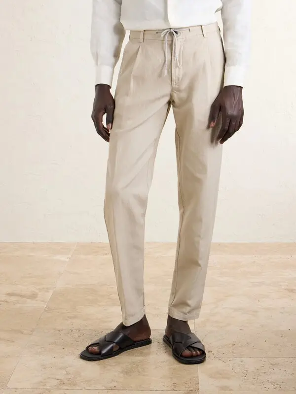 Eleventy Straight-leg Cotton And Linen-blend Drawstring Trousers - Neutrals