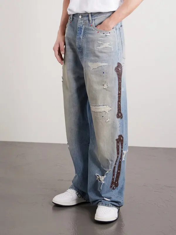 Amiri Straight-leg Distressed Studded Jeans - Blue