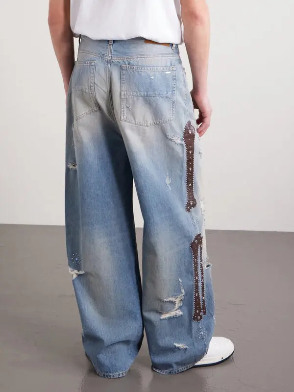 Amiri Straight-leg Distressed Studded Jeans - Blue