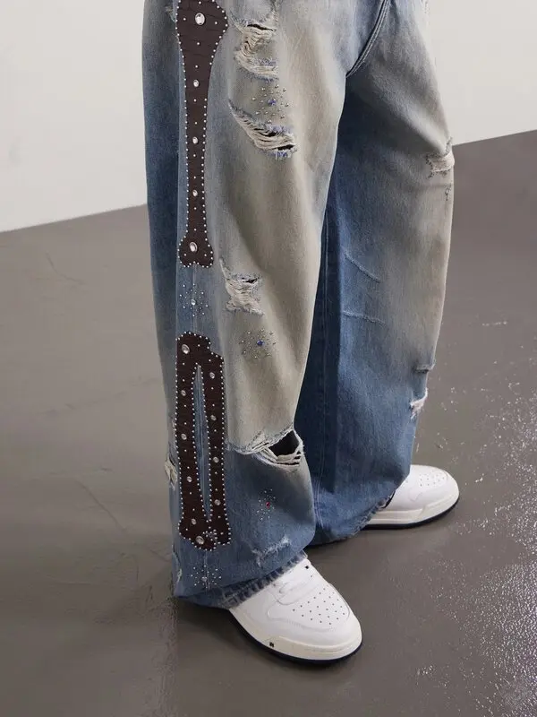 Amiri Straight-leg Distressed Studded Jeans - Blue