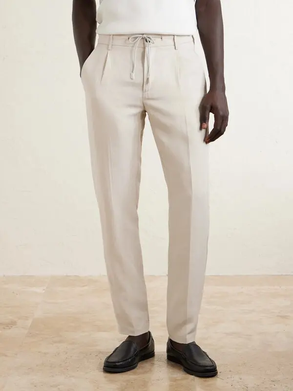 Eleventy Straight-leg Lyocell And Linen-blend Trousers - Neutrals