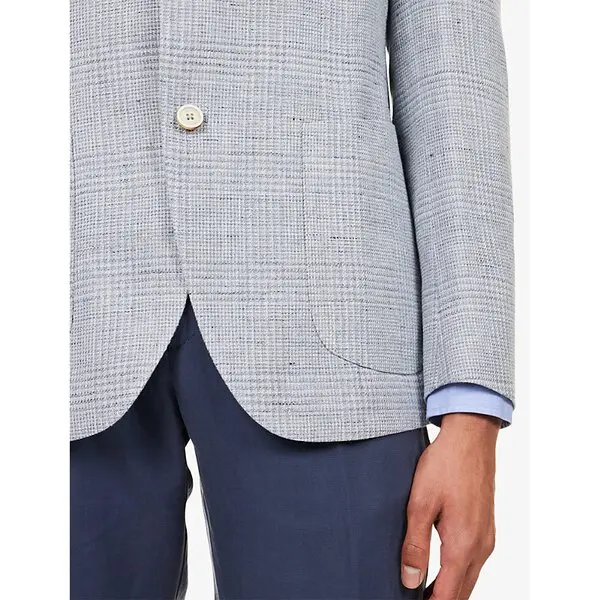 Eleventy Single-breasted Checked Linen And Wool-blend Jacket