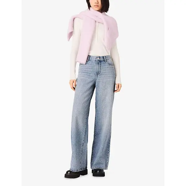 Maje Rhinestone-embellished Wide-leg Denim Jeans