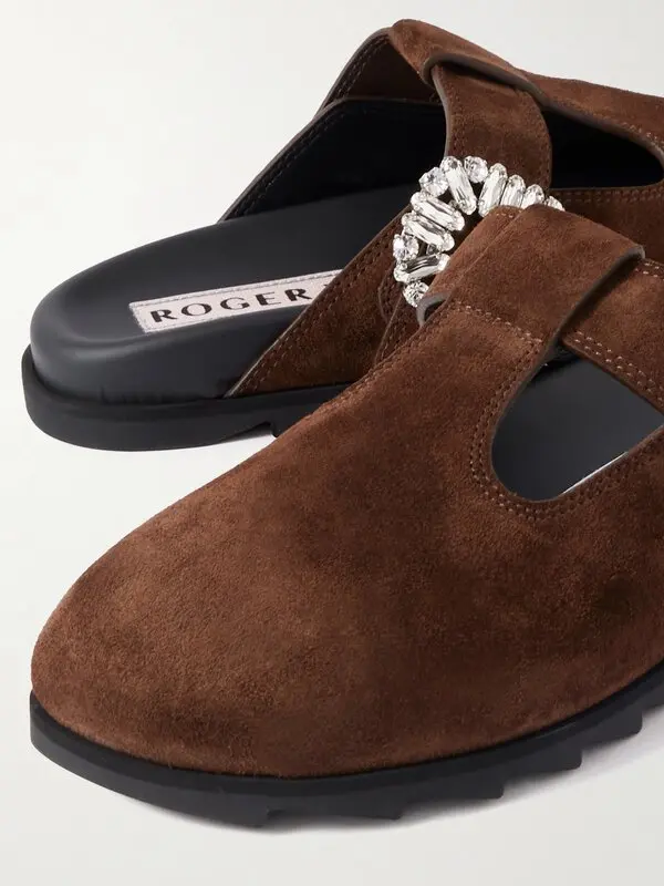 ROGER VIVIER Slidy Viv Crystal-embellished Suede Slip-ons - Brown
