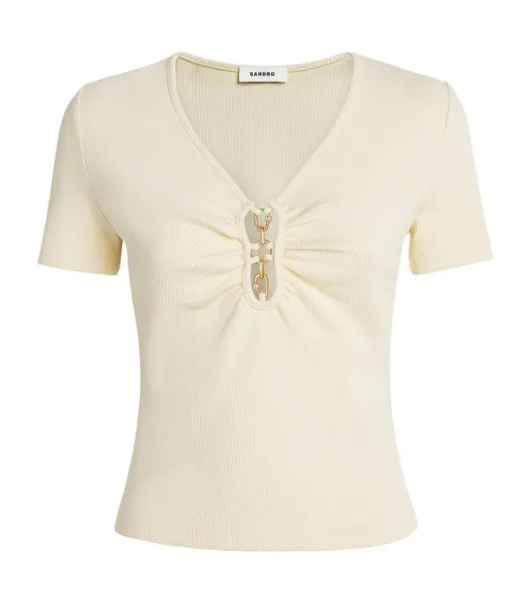 Sandro Stretch-cotton Ruched-detail T-shirt - Beige