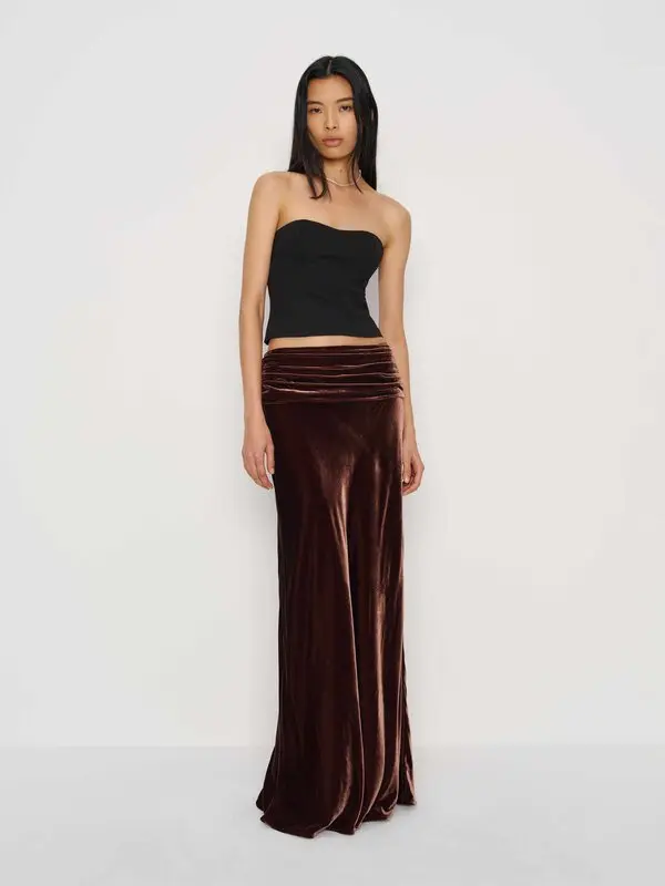 REFORMATION Evie Velvet Maxi Skirt - Brown