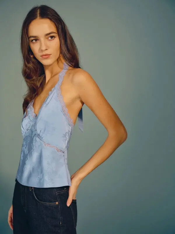 REFORMATION Monica Silk Top - Blue