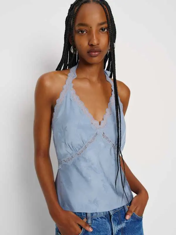 REFORMATION Monica Silk Top - Blue