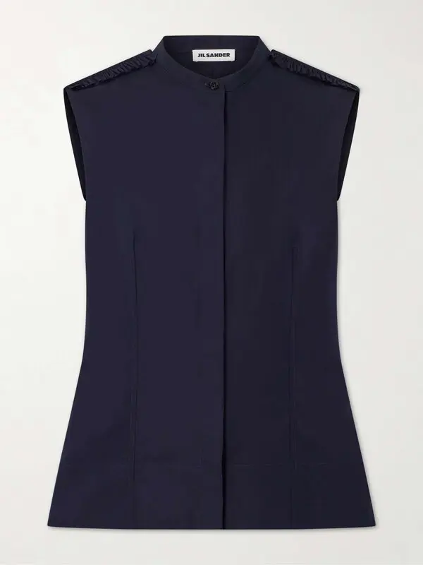 JIL SANDER Ruffled Cotton-poplin Top - Navy
