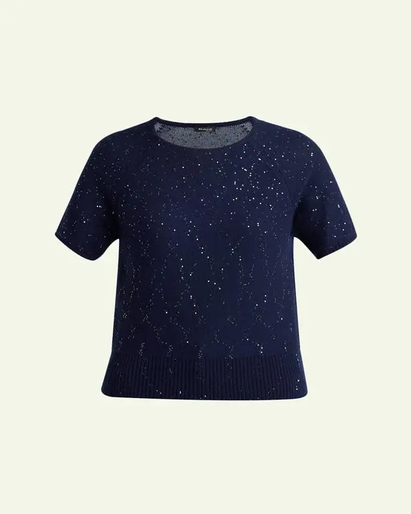 Kiton Cashmere Paillette Short-sleeve Crewneck Sweater