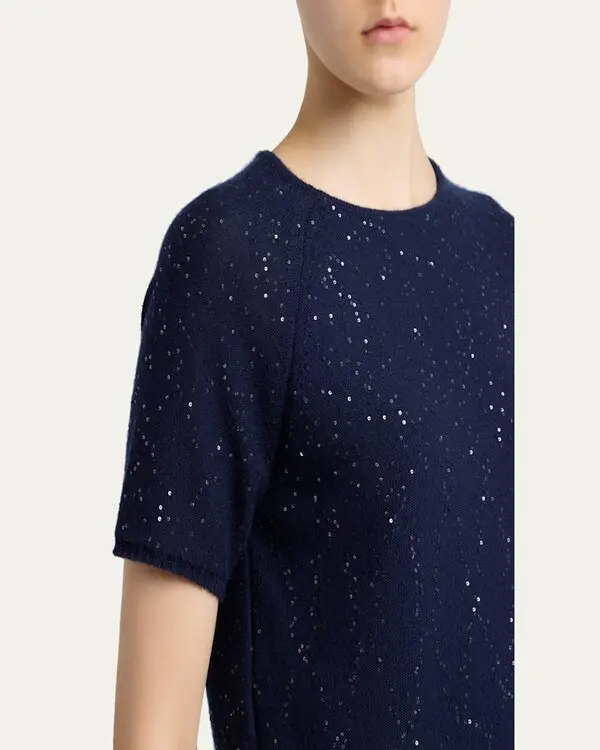 Kiton Cashmere Paillette Short-sleeve Crewneck Sweater