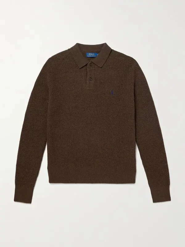 Polo Ralph Lauren Logo-embroidered Waffle-knit Wool And Cotton-blend Polo Sweater - Brown