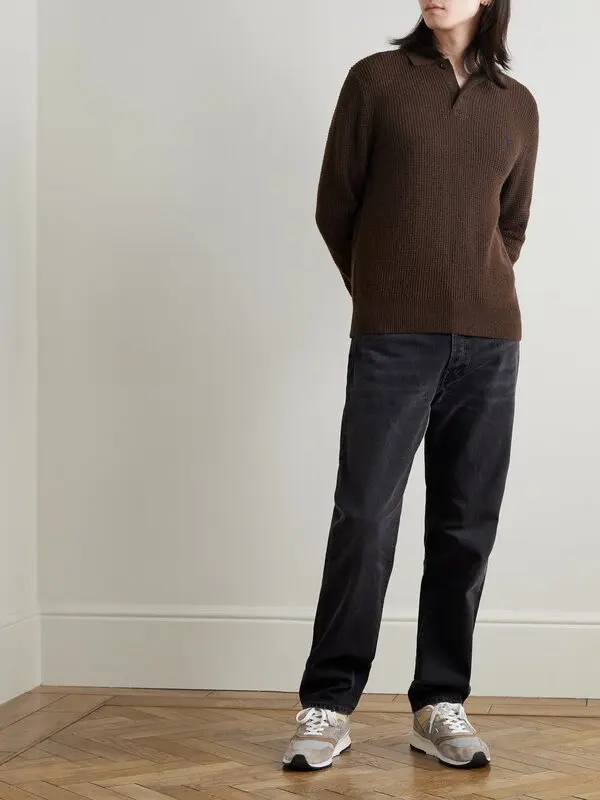 Polo Ralph Lauren Logo-embroidered Waffle-knit Wool And Cotton-blend Polo Sweater - Brown