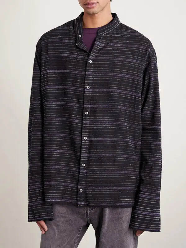 424 Hoorsenbuhs Embroidered Striped Cotton-blend Flannel Shirt - Black