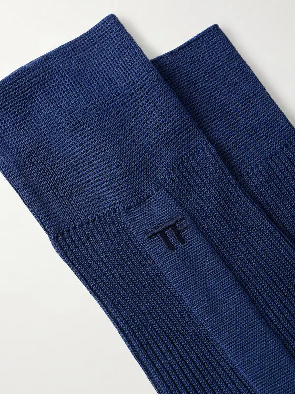 TOM FORD Logo-embroidered Ribbed Silk Socks - Blue