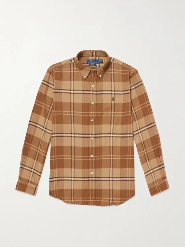 Polo Ralph Lauren Button-down Collar Logo-embroidered Checked Cotton-blend Twill Shirt - Brown