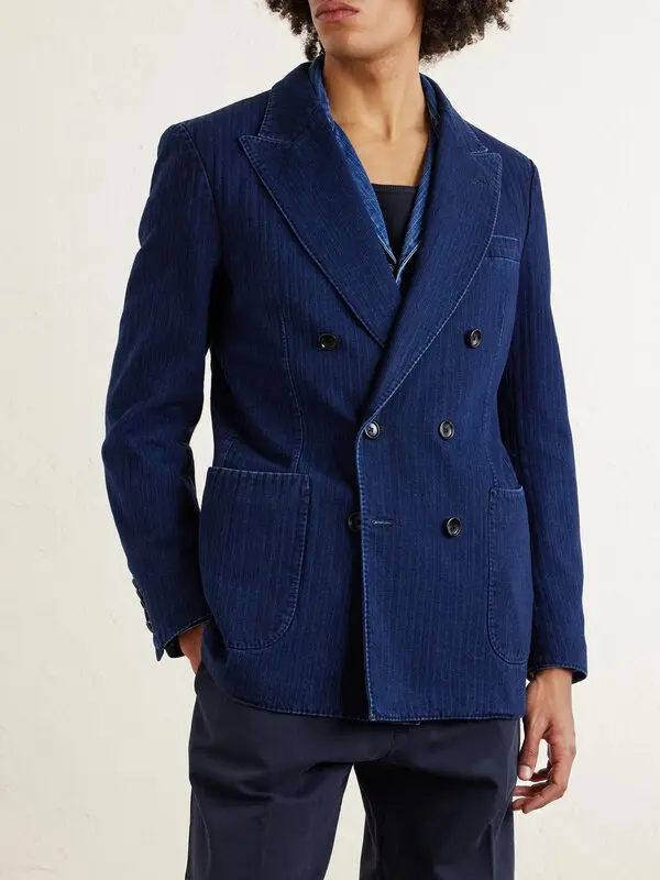 TOM FORD Double-breasted Herringbone Denim Blazer - Blue