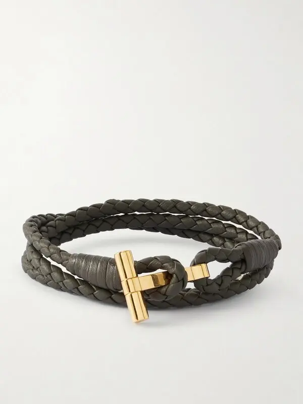 TOM FORD Woven Leather Wrap Bracelet With Gold-plated T-bar Fastening - Green