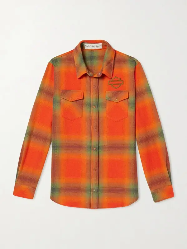 GOD'S TRUE CASHMERE Harley-davidson Olive Logo-embroidered Checked Cashmere-flannel Shirt