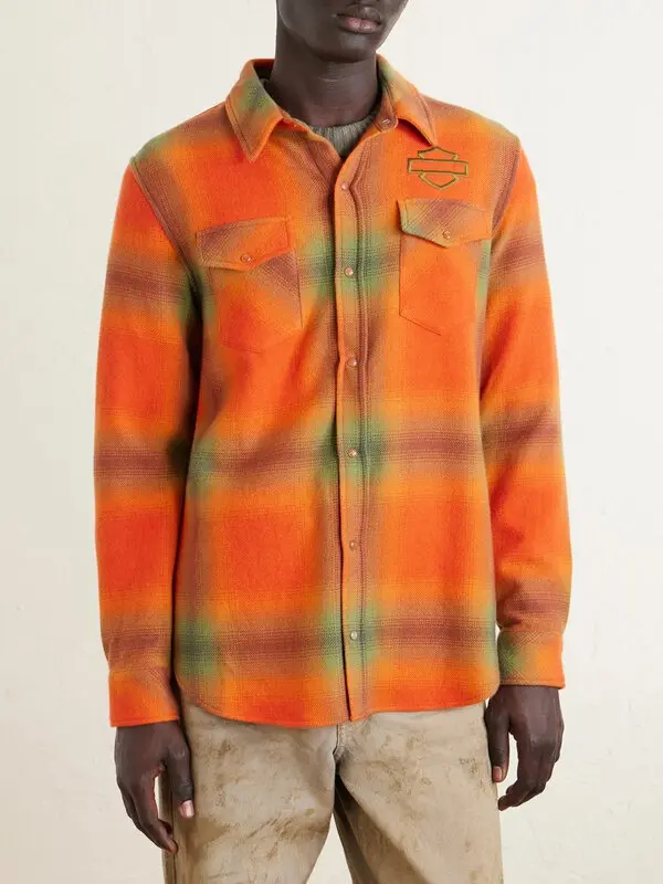 GOD'S TRUE CASHMERE Harley-davidson Olive Logo-embroidered Checked Cashmere-flannel Shirt