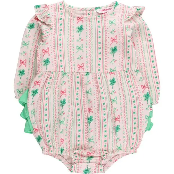 RUFFLEBUTTS Cotton Gauze Long Sleeve Flutter Bubble Romper - Clover Bows & Wishes