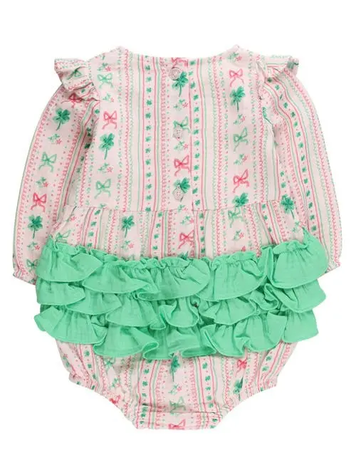 RUFFLEBUTTS Cotton Gauze Long Sleeve Flutter Bubble Romper - Clover Bows & Wishes