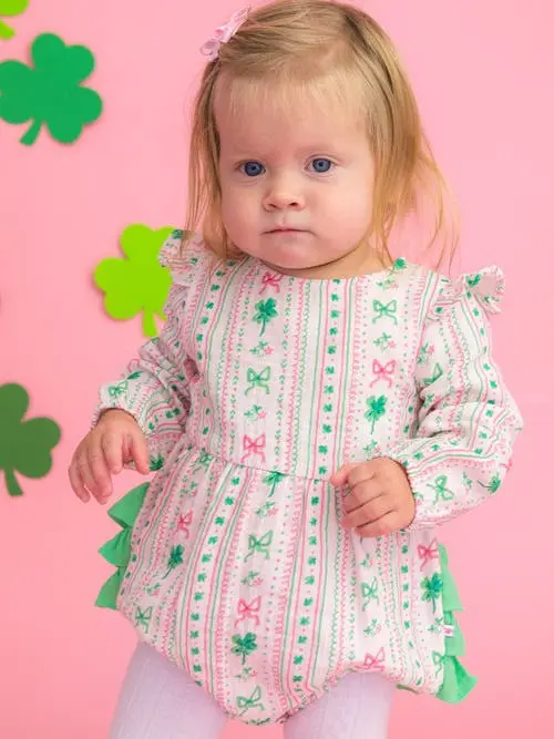 RUFFLEBUTTS Cotton Gauze Long Sleeve Flutter Bubble Romper - Clover Bows & Wishes