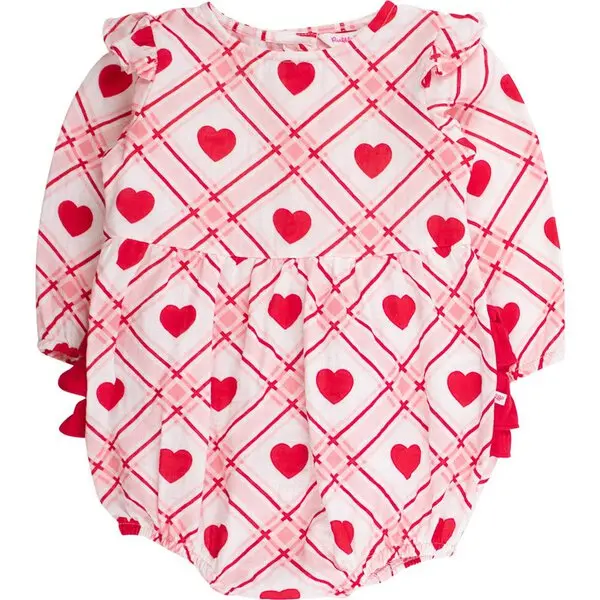 RUFFLEBUTTS Cotton Gauze Long Sleeve Flutter Bubble Romper - Pink Sweetheart Plaid