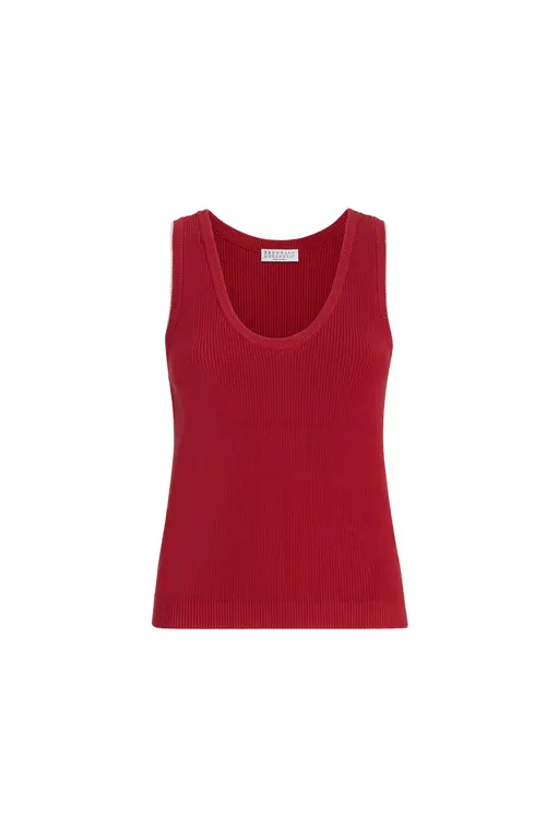 Brunello Cucinelli Cotton Ribbed Knit Top - Ruby