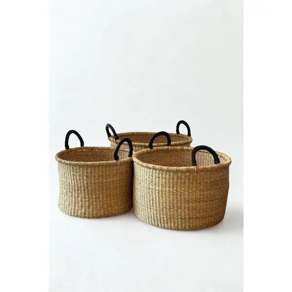 MBARE Handwoven Hamper With Leather Handles - Natural