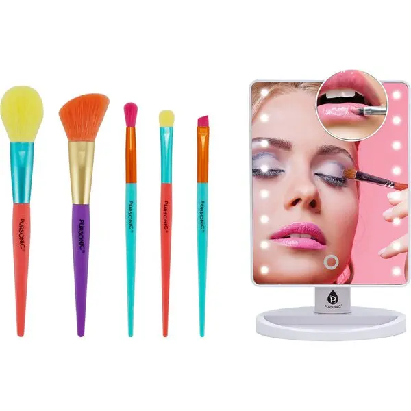 PURSONIC Makeup Essentials Duoled Countertop Mirror + 5-piece Brush Set - White