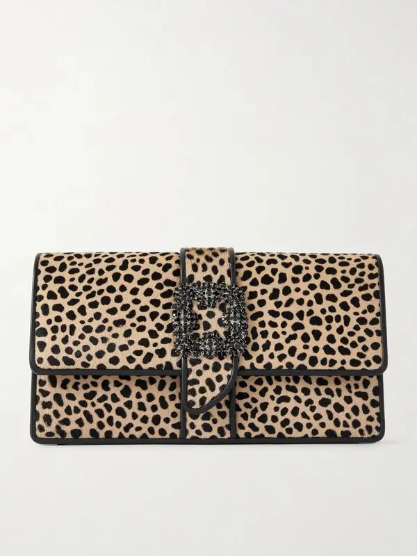 Oseree Manolo Blahnik 'lumière' Calf Hair Clutch With Embellished Buckle - Animal Print