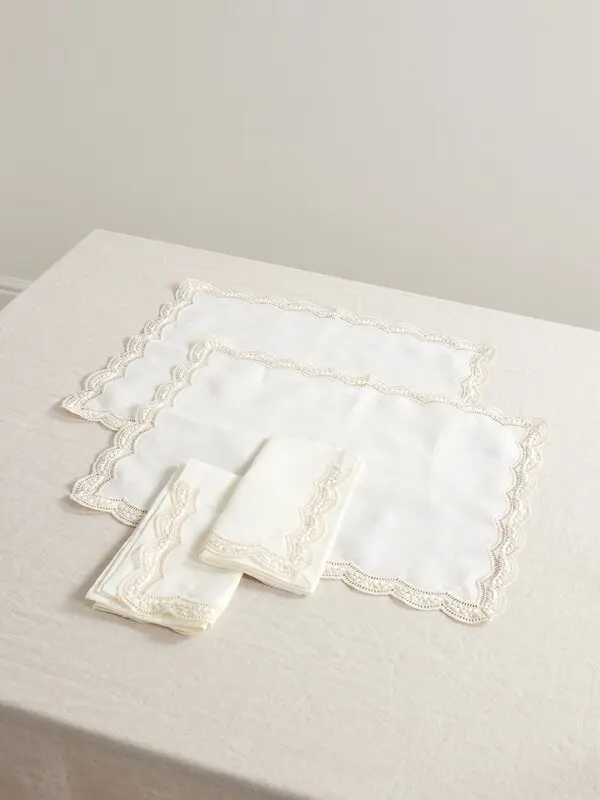 Oseree Emilia Scalloped Embroidered Linen Placemats And Napkins Set - Neutrals