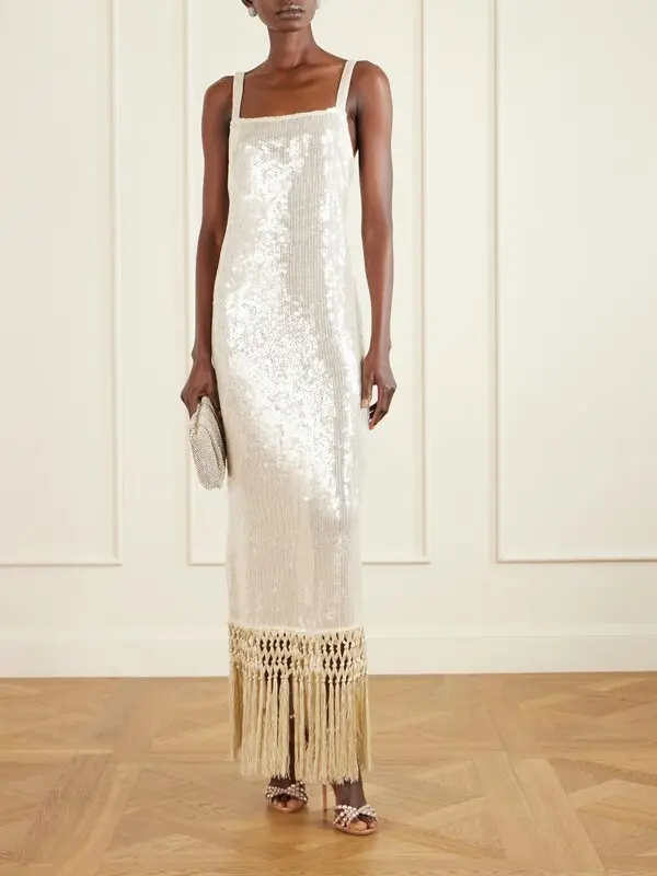 TALLER MARMO Agrigento Disco Fringed Sequined Gown - Neutrals