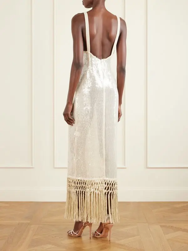 TALLER MARMO Agrigento Disco Fringed Sequined Gown - Neutrals