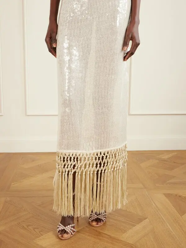 TALLER MARMO Agrigento Disco Fringed Sequined Gown - Neutrals
