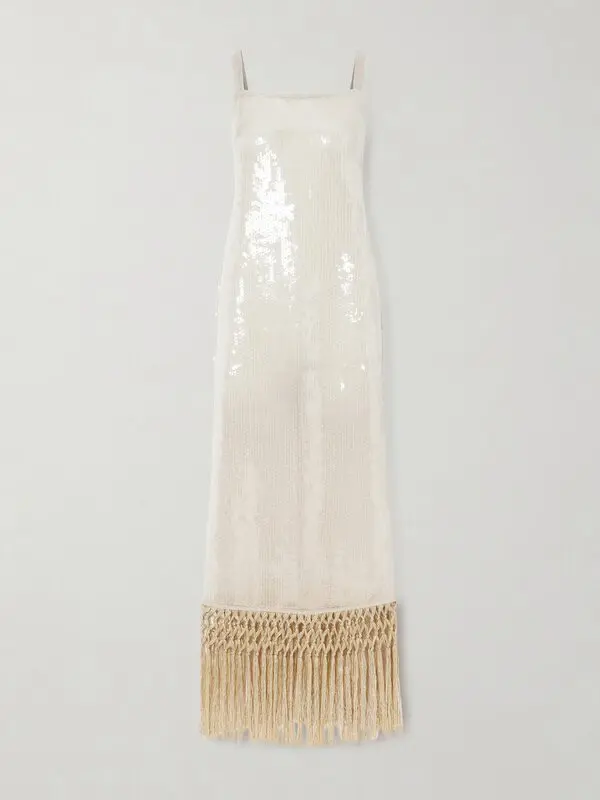 TALLER MARMO Agrigento Disco Fringed Sequined Gown - Off-white