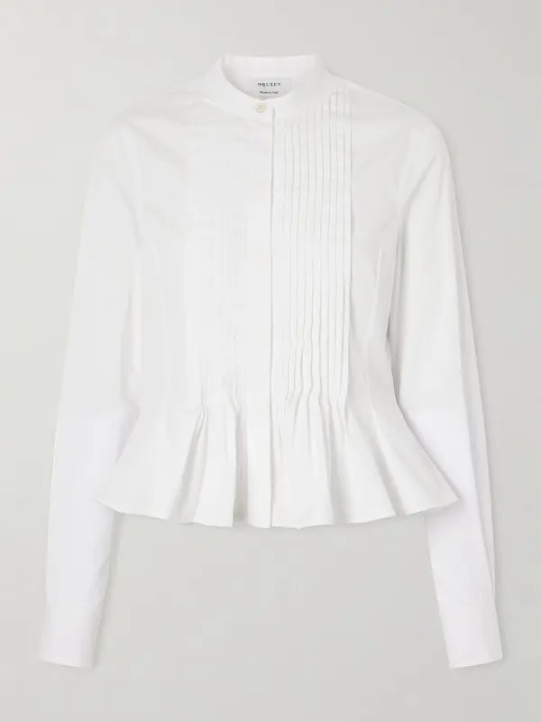 Alexander McQueen Cropped Pleated Cotton-poplin Peplum Blouse