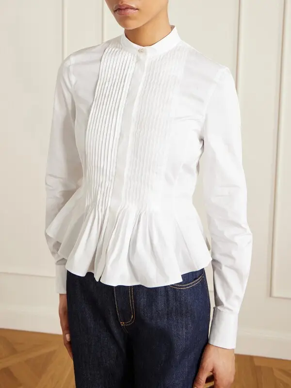 Alexander McQueen Cropped Pleated Cotton-poplin Peplum Blouse - White