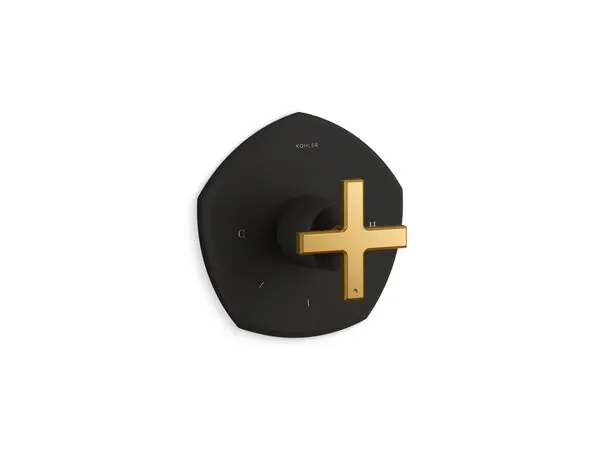 KOHLER Occasion Mastershower Temperature Control Valve Trim With Cross Handle - Matte Black With Brushed Moderne Brass