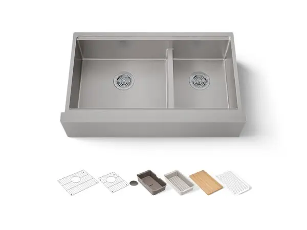 KOHLER Strive Smart Divide 35-1/2" Undermount Double-bowl Farmhouse Workstation Kitchen Sink - One-color